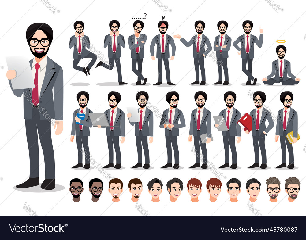 Indian businessman cartoon character set handsome Vector Image Indian businessman cartoon character set handsome Vector Image