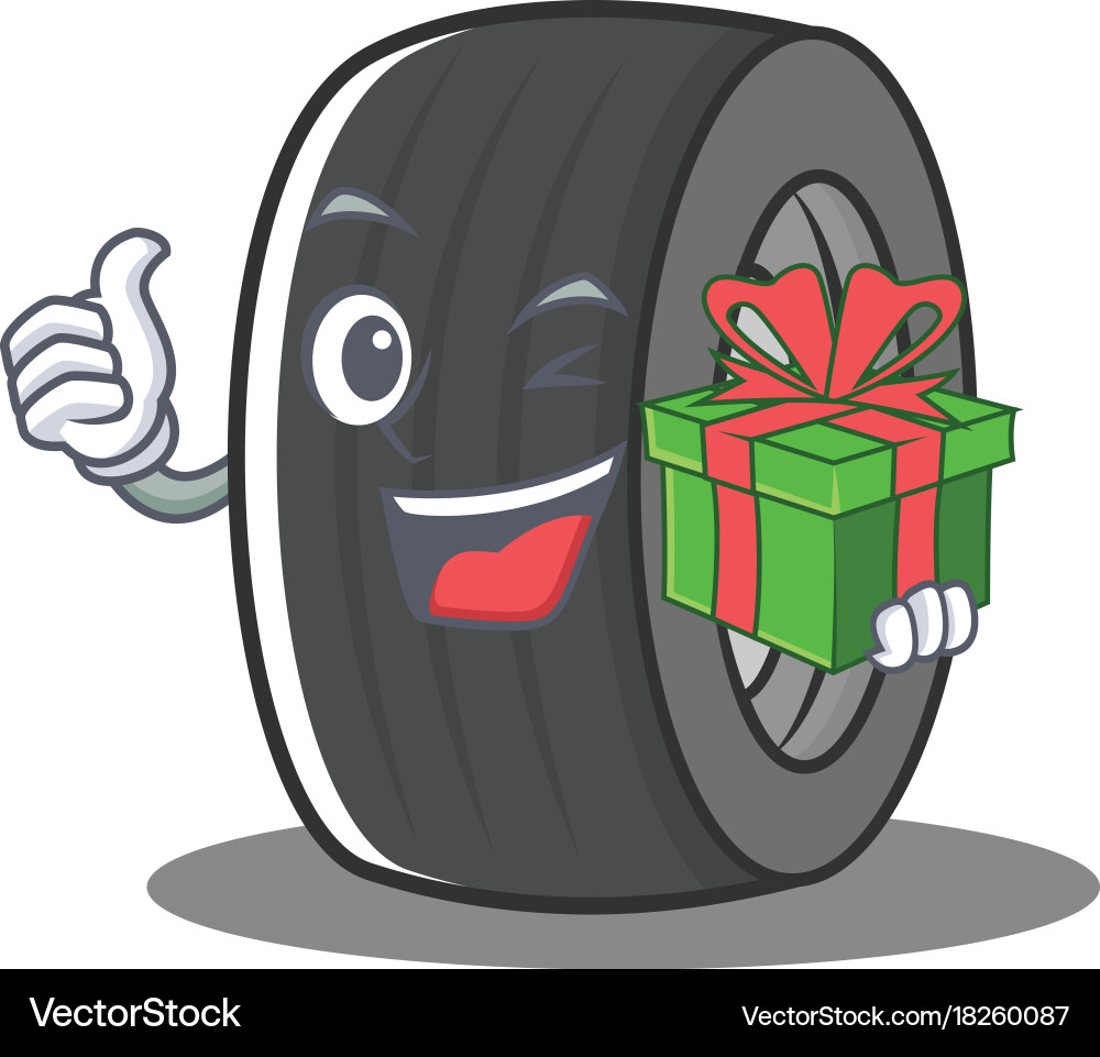 With gift tire character cartoon style Royalty Free Vector