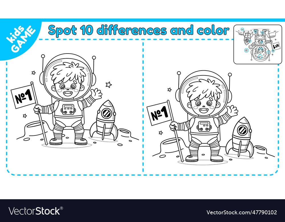 Game spot differences and color astronaut on moon Vector Image