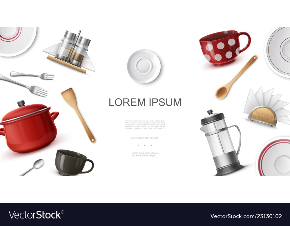 Realistic kitchenware colorful template Royalty Free Vector