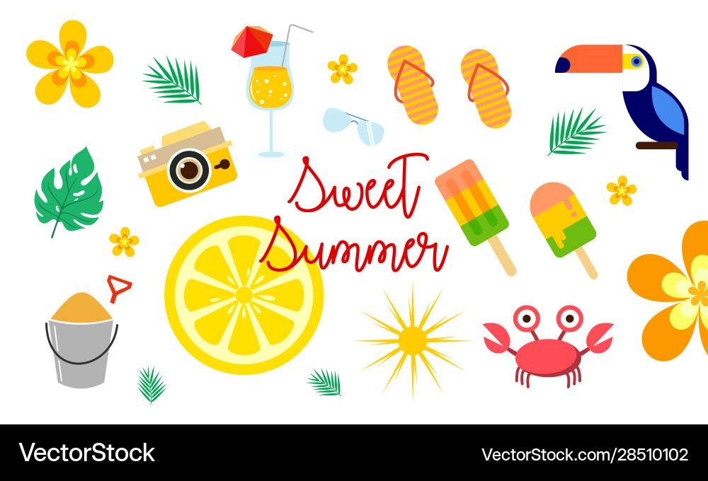Set summer and vacation elements cute cartoon Vector Image