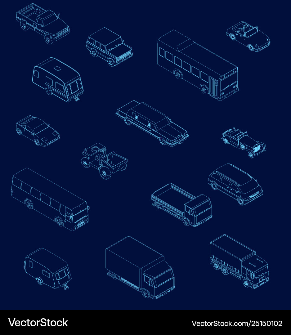 Set with contours cars in isometry various Vector Image