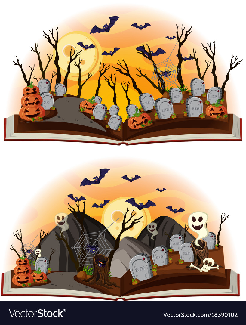 Two halloween scenes at graveyard Royalty Free Vector Image