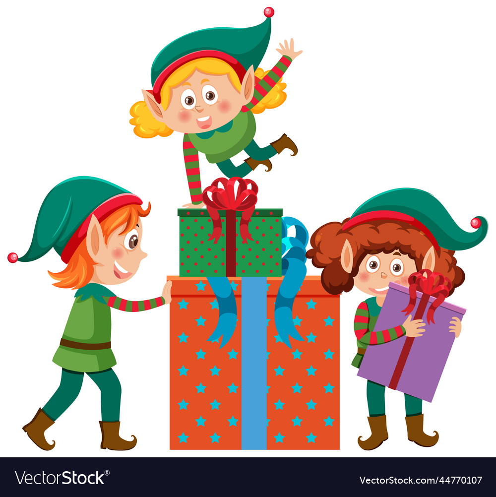 Christmas elf kids with gift boxes Royalty Free Vector Image