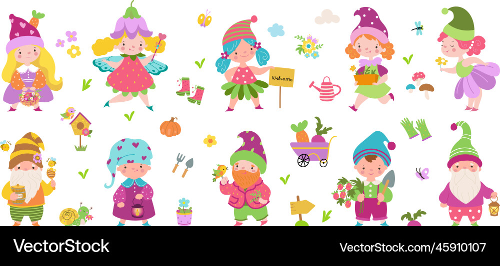Fairy tale gnomes set cute garden dwarf Royalty Free Vector