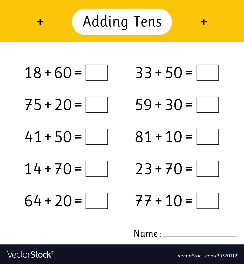 Adding tens math worksheets for kids Royalty Free Vector