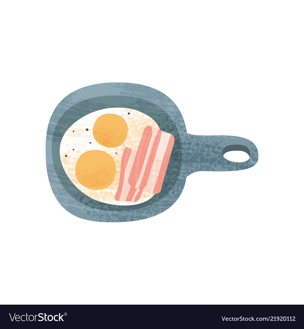 Fried eggs with bacon in frying pan appetizing Vector Image