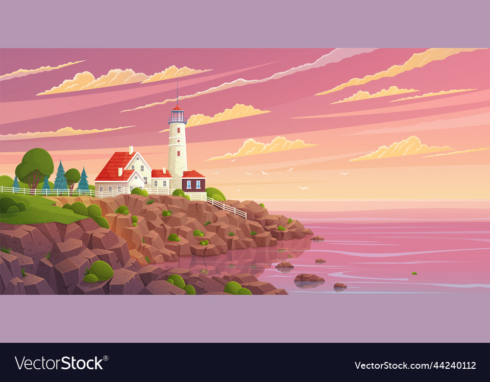 Seacoast with lighthouse and houses at sunset Vector Image