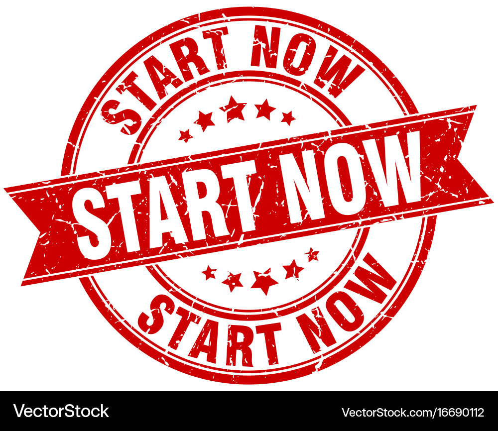 Start now round grunge ribbon stamp Royalty Free Vector