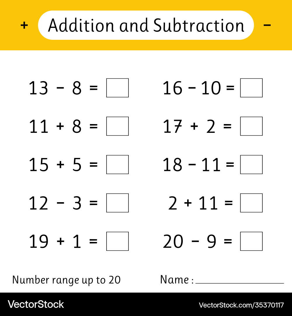 Addition and subtraction number range up to 20 Vector Image