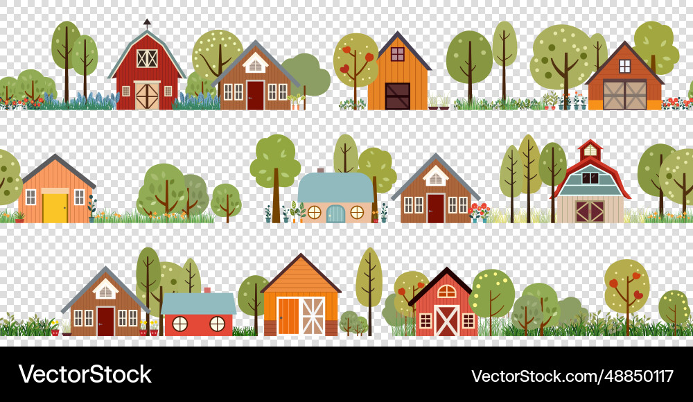 Border seamless barn farm house meadow and tree Vector Image