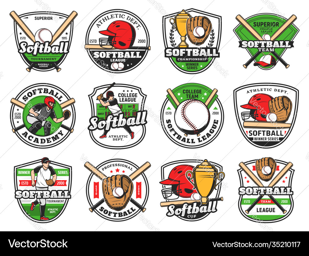 Softball baseball club emblems bat and ball team Vector Image