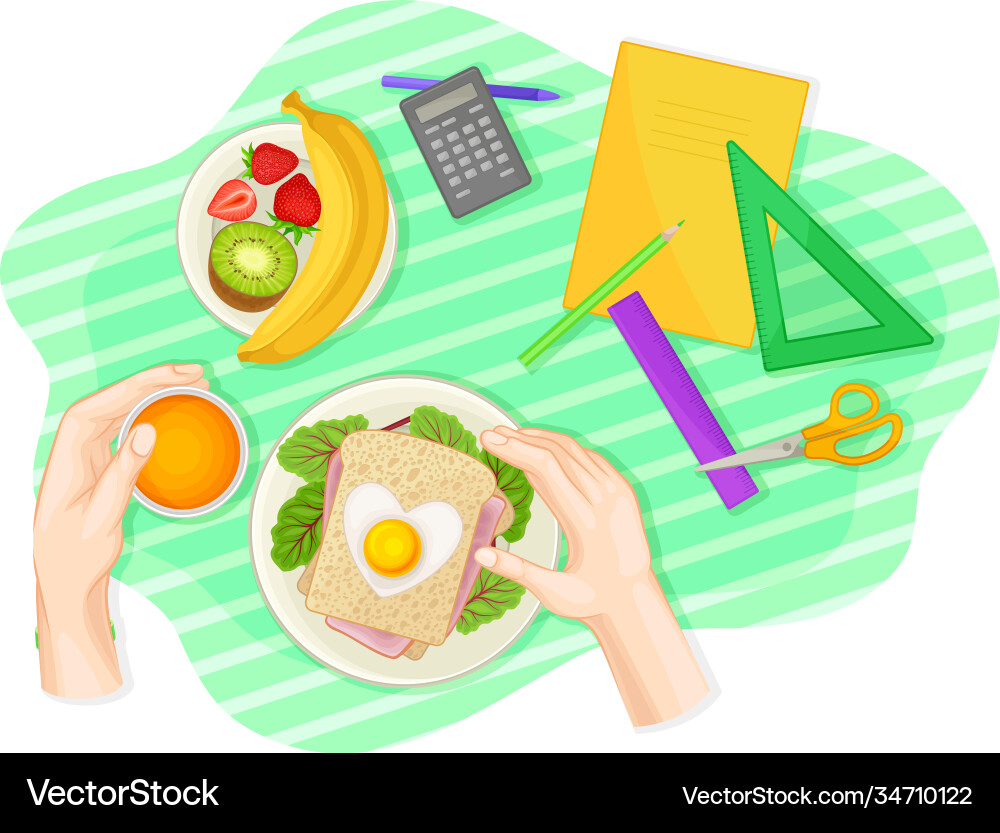 Hands eating sandwich and drinking juice above Vector Image