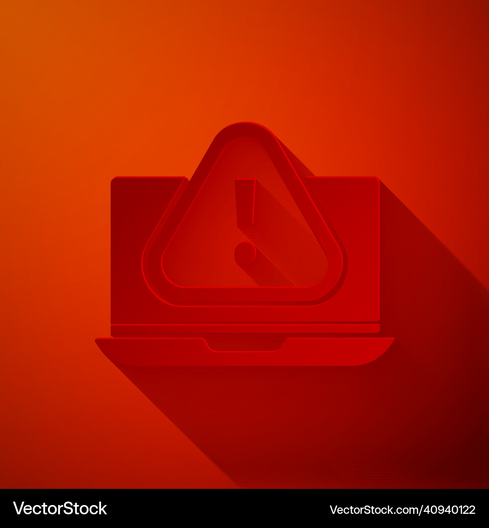 Paper cut laptop with exclamation mark icon Vector Image