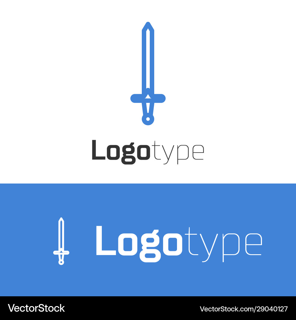 Blue line medieval sword icon isolated on white Vector Image