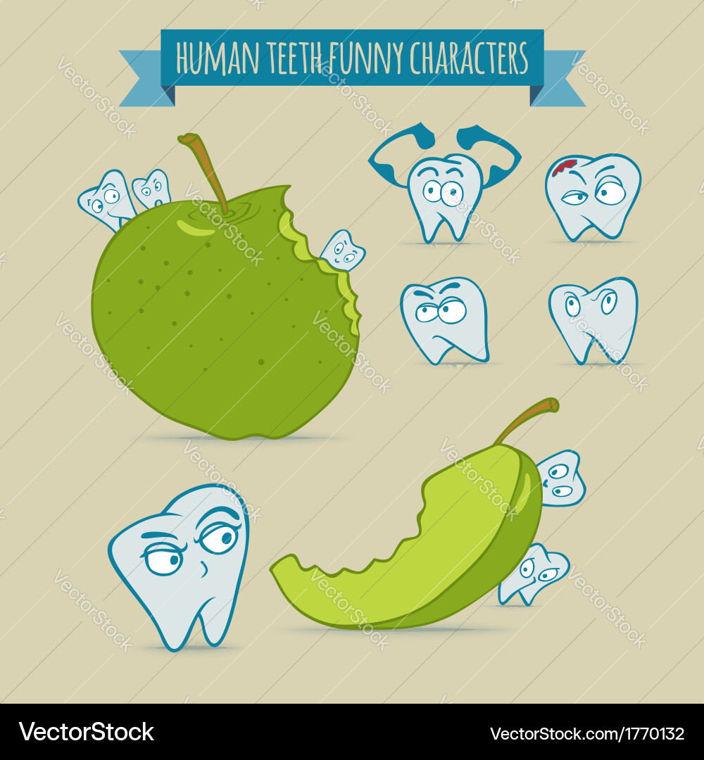 Set of human teeth funny characters with apple Vector Image