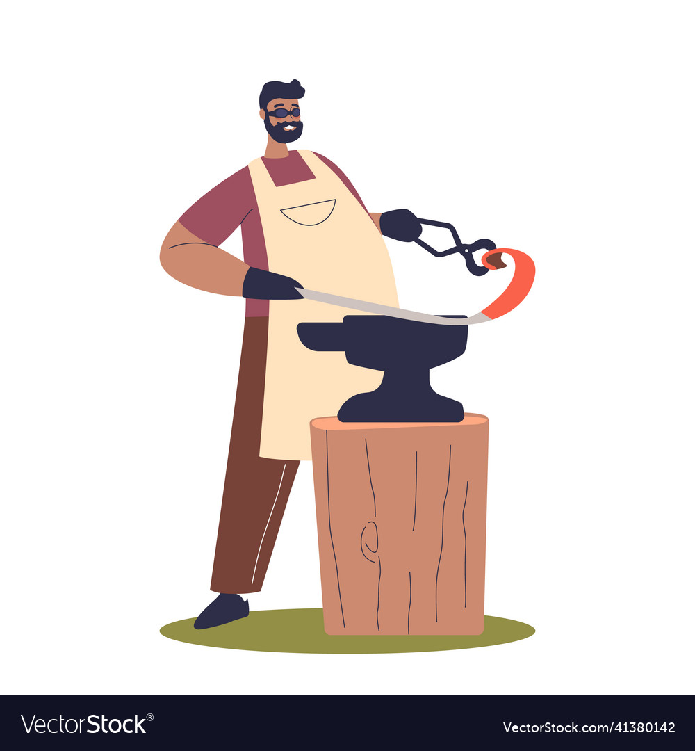 Blacksmith man bending metal element work in anvil