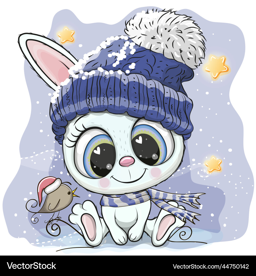 Cartoon bunny in a knitted hat Royalty Free Vector Image