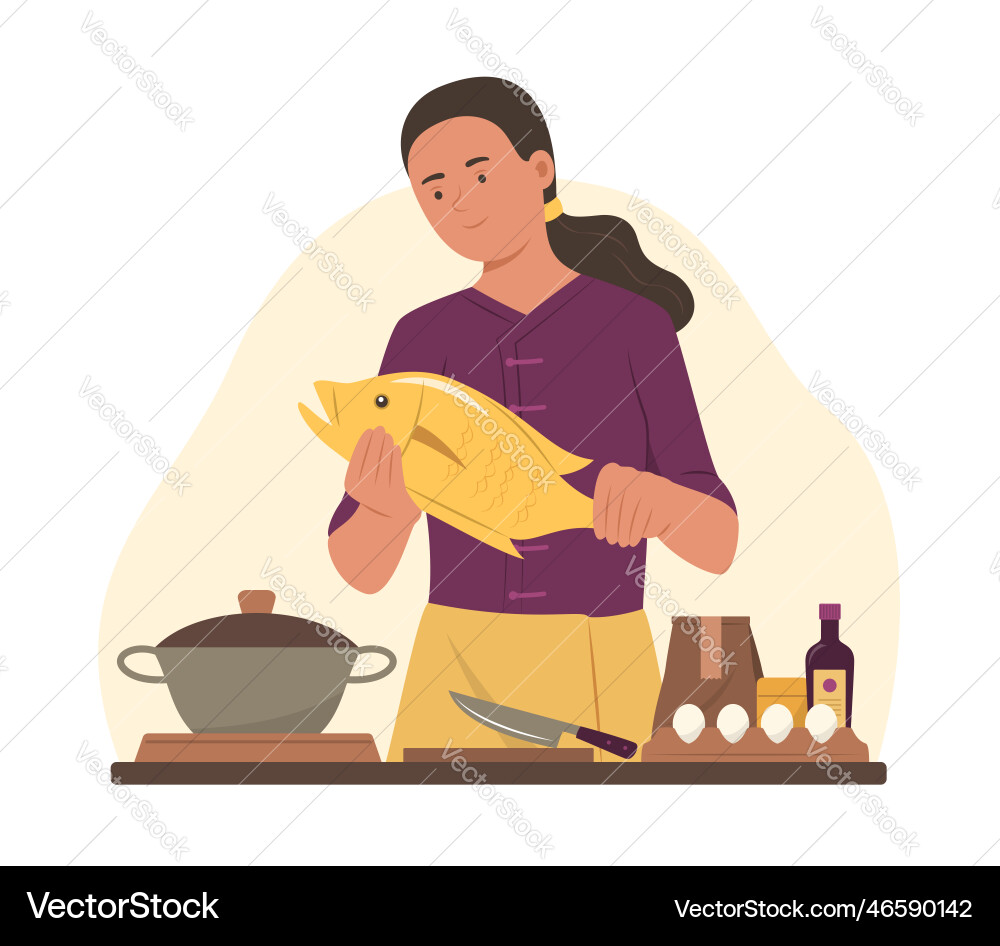 Chef woman preparing fresh fish for cooking Vector Image