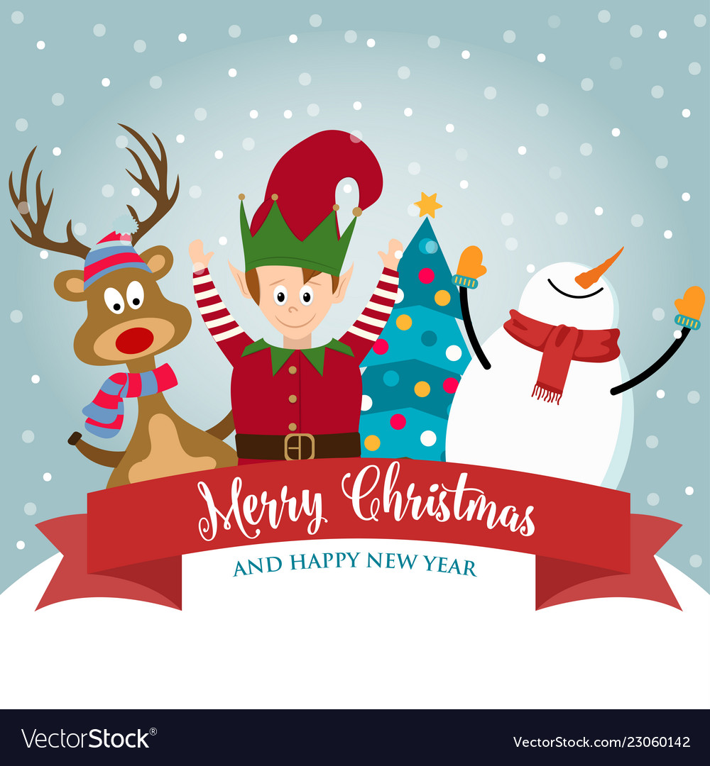 Christmas card with cute elf snowman and reindeer Vector Image
