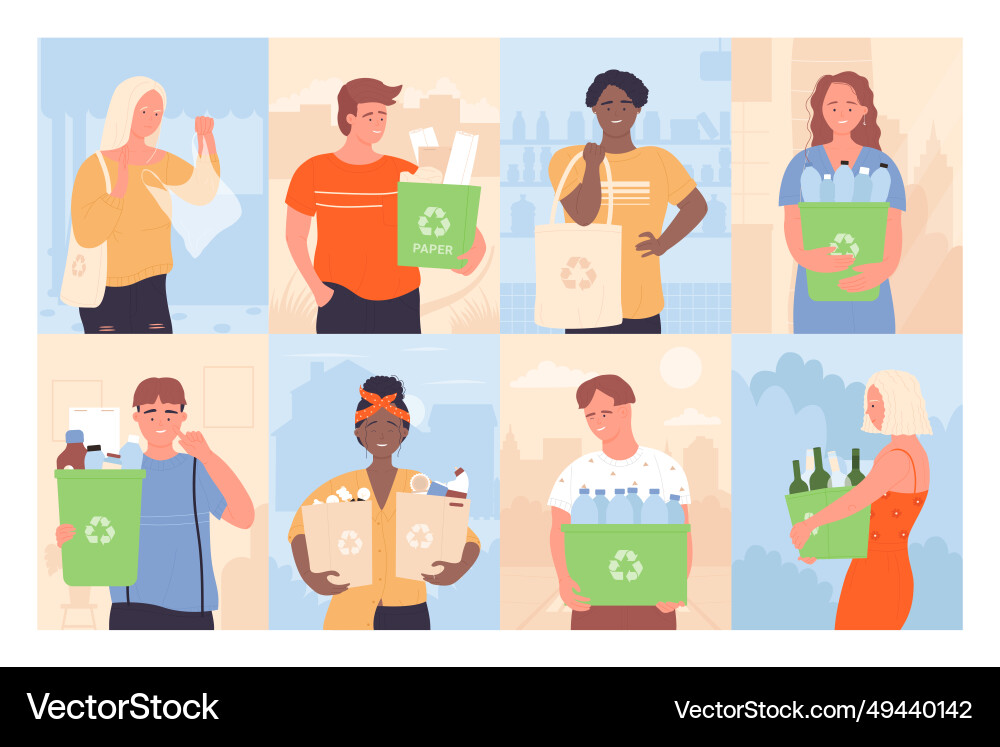 People collect garbage to recycle set characters Vector Image