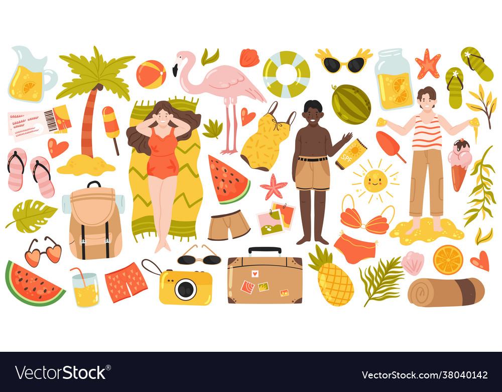 Summer tropical beach travel vacation set happy Vector Image