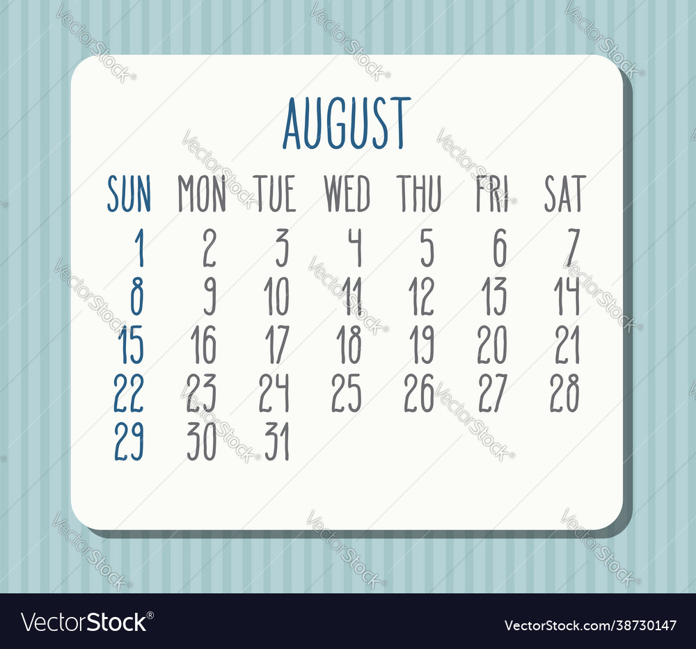 August year 2021 monthly pastel blue calendar Vector Image