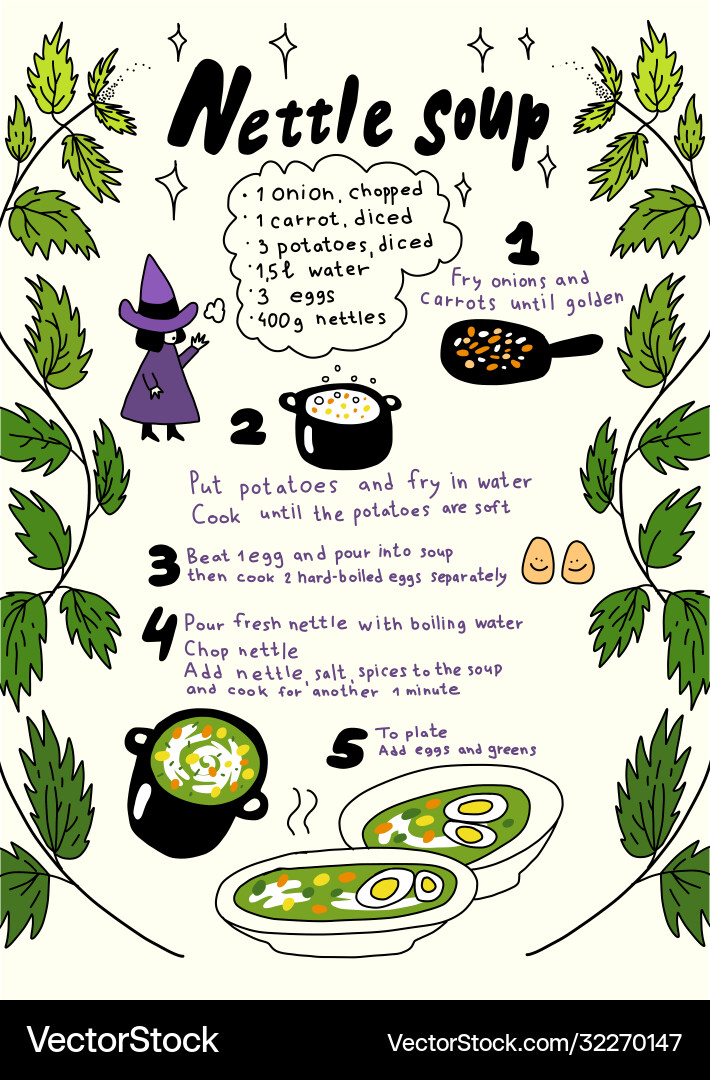 Nettle soup summer grass recipe cooking Royalty Free Vector