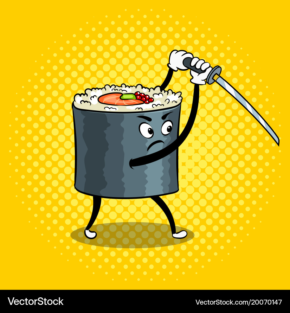 Sushi roll with japanese sword pop art Royalty Free Vector