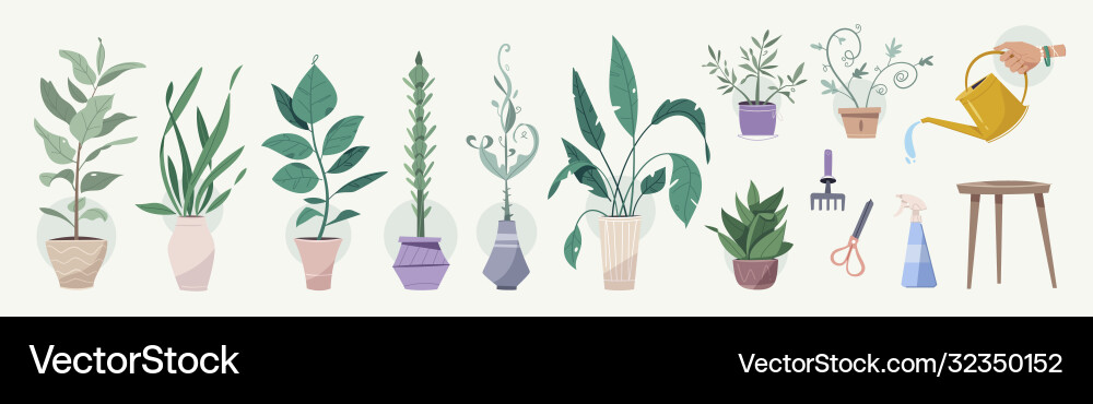 Green plants in pots gardening tools set isolated Vector Image