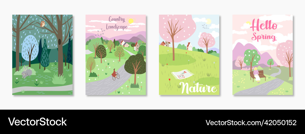 Set of cute with people and spring Royalty Free Vector Image
