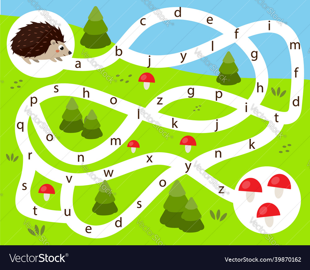 Alphabet maze puzzle help hedgehog find way Vector Image
