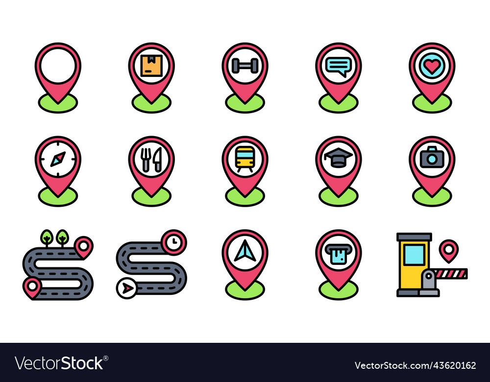 Location map and navigation filled icon set 5 Vector Image