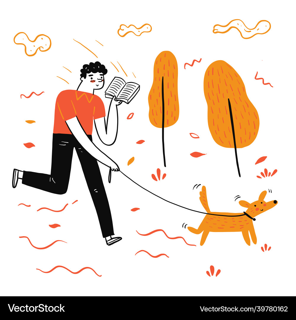 Man walking dog reading a favorite book Royalty Free Vector