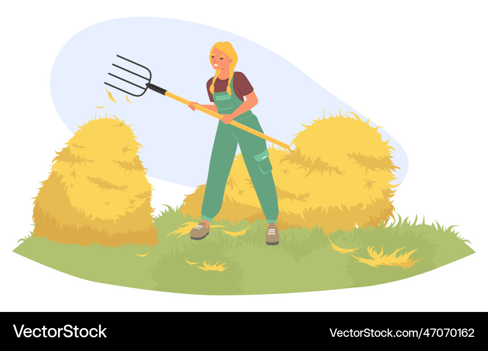 Woman farmer stacking hay with pitchfork Vector Image