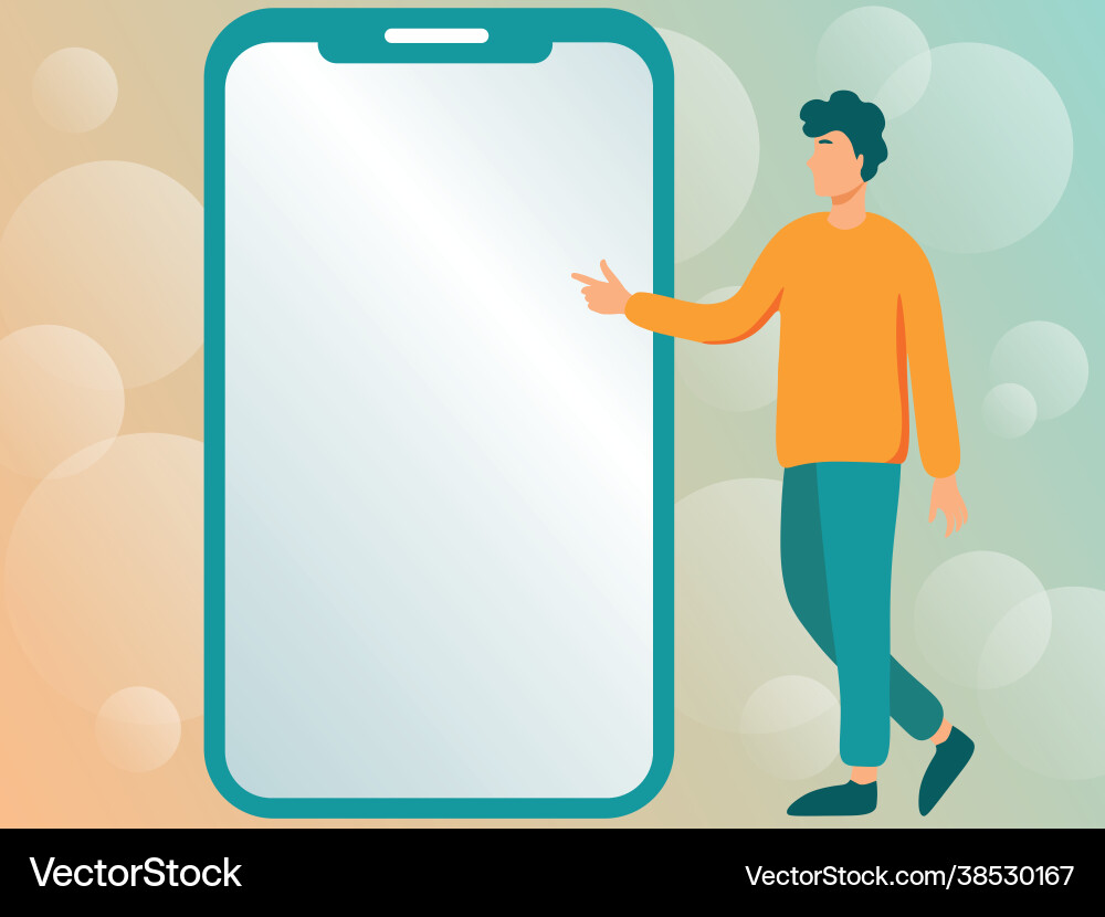 Man drawing standing next to a large phone Vector Image