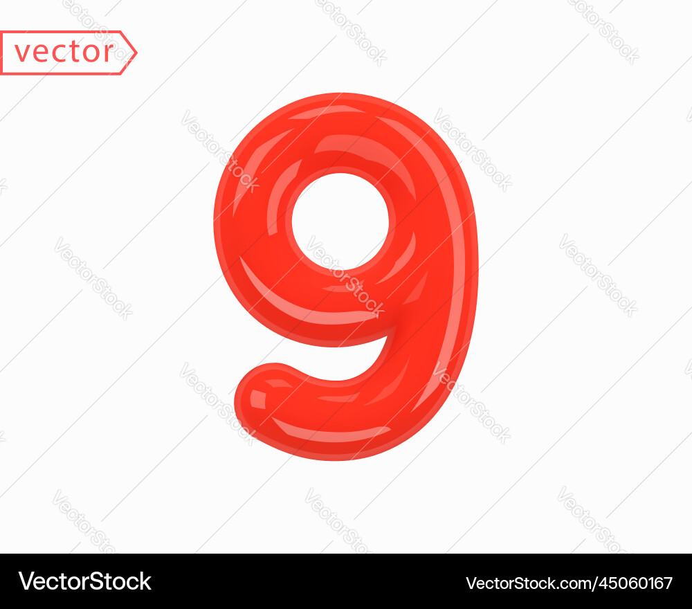 Number 9 sign realistic red plastic glossy 3d Vector Image