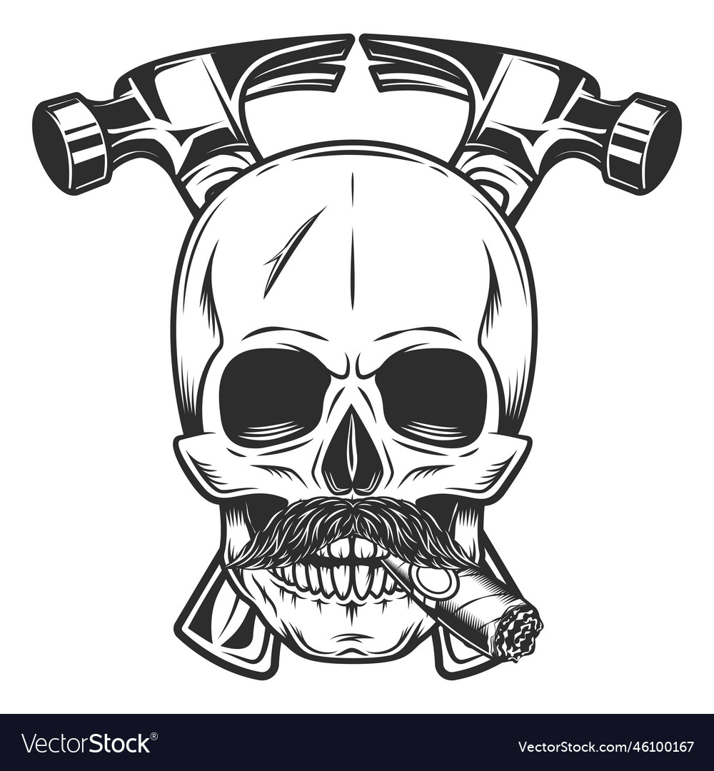 Skull Smoking Cigar With Mustache And Hammer Vector Image