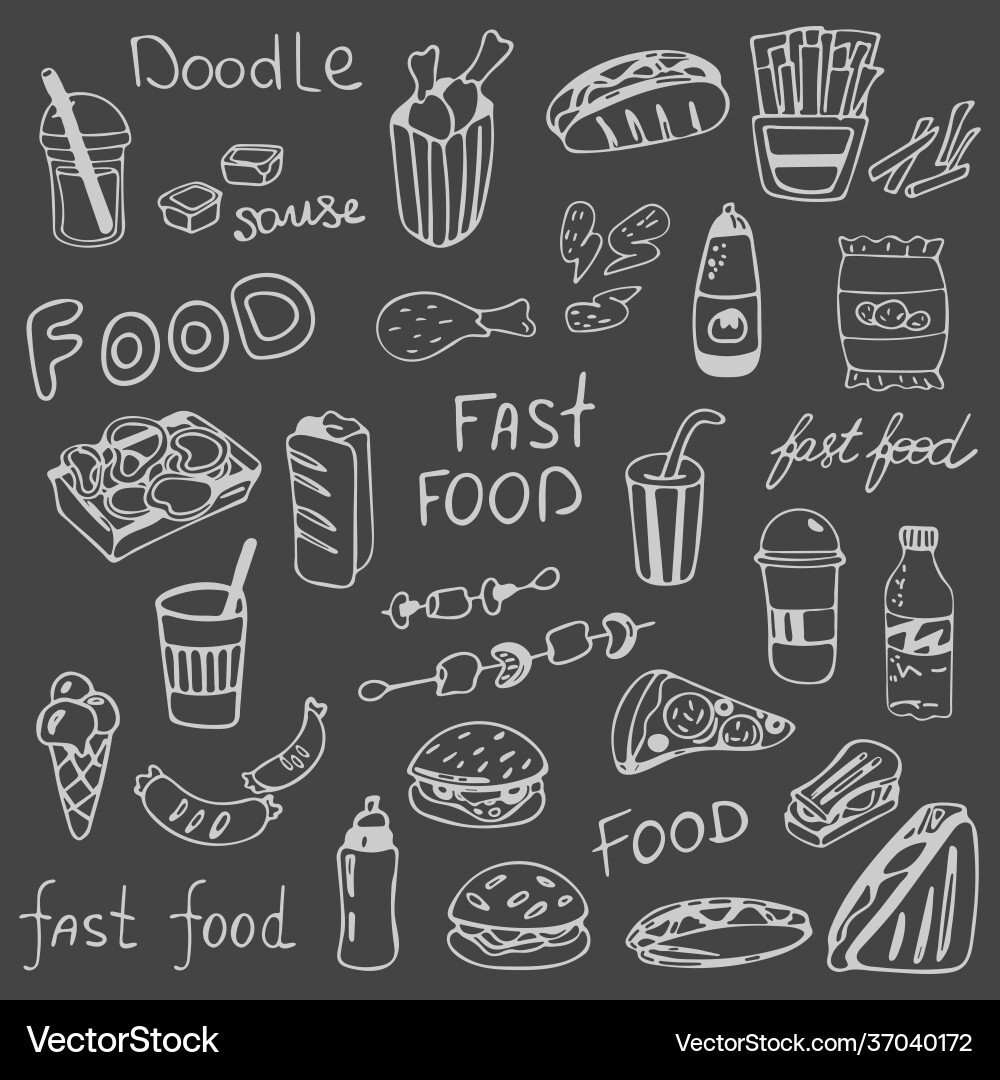 Hand drawn fast food doodle set on gray Royalty Free Vector