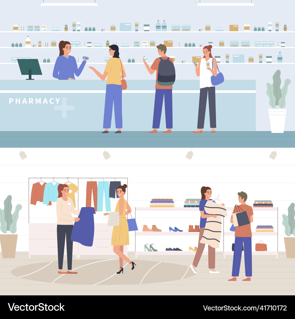 Retail sellers and customers flat banners Vector Image