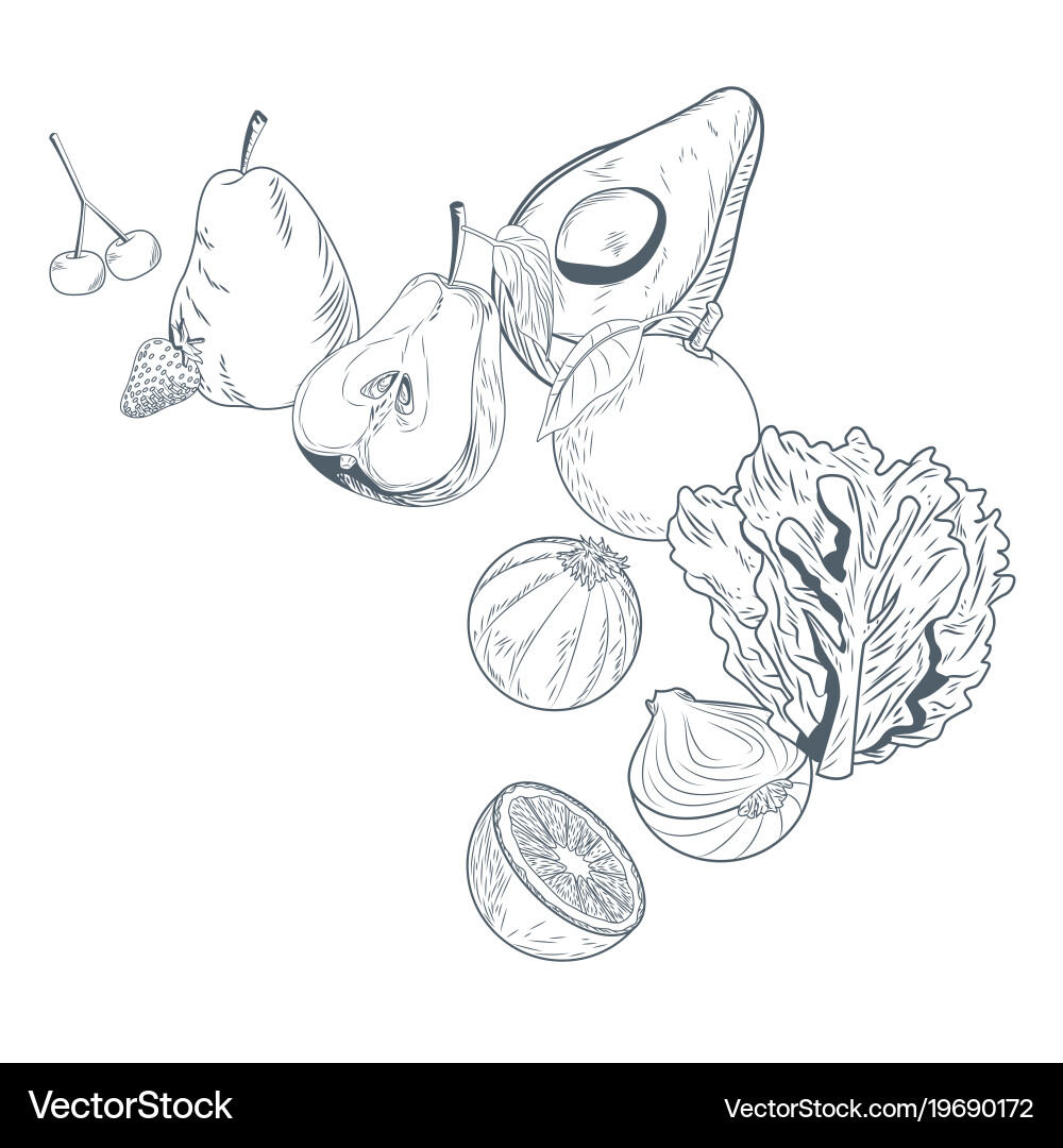 Vegetables and fruits falling draw Royalty Free Vector Image
