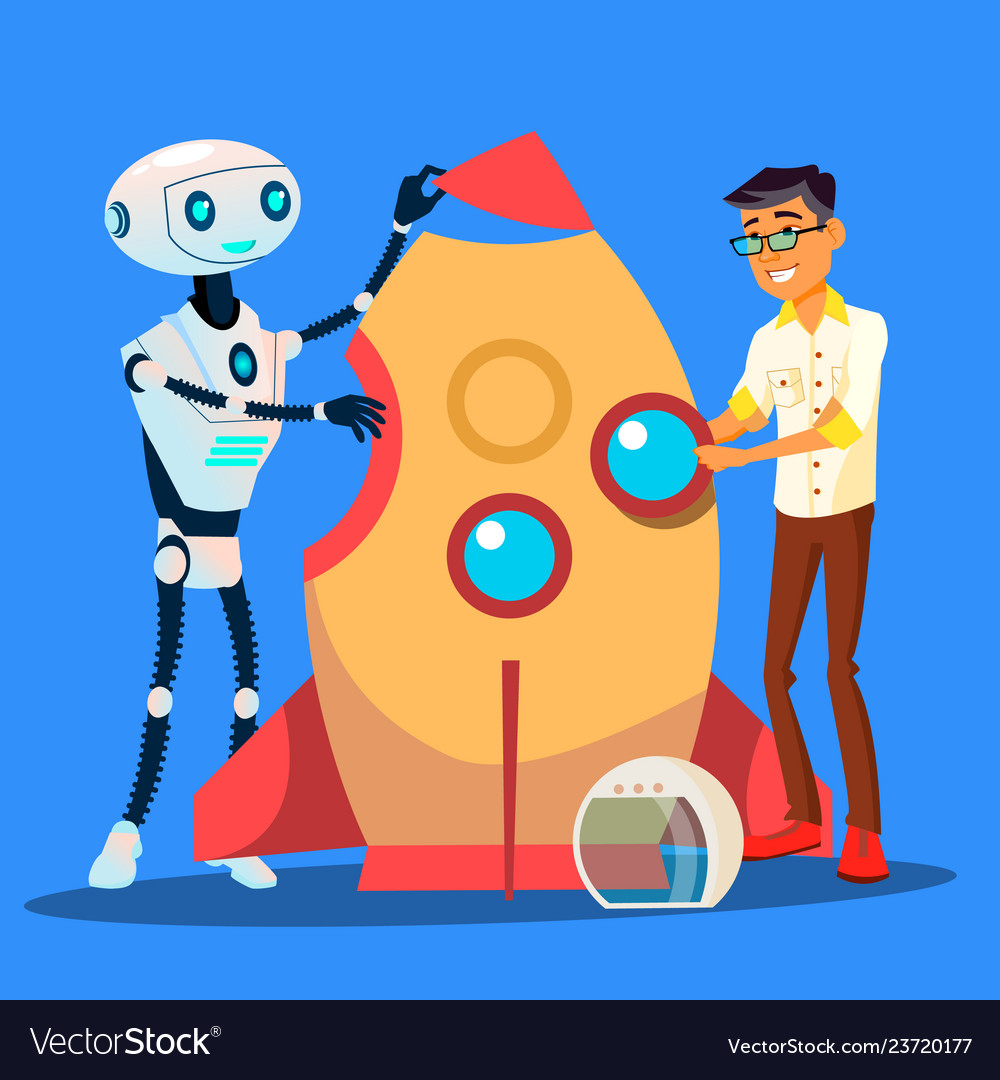 Man and robot are building a rocket together Vector Image