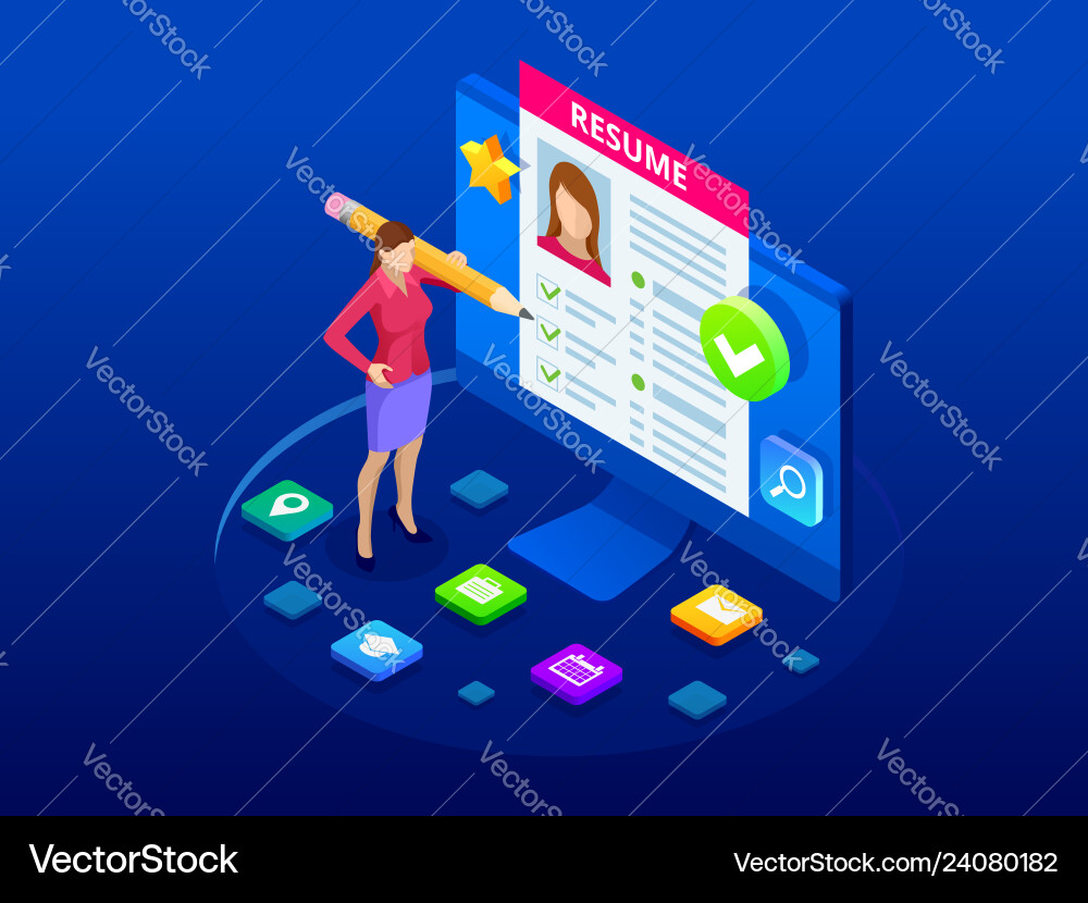 Isometric woman and cv resume documents Royalty Free Vector