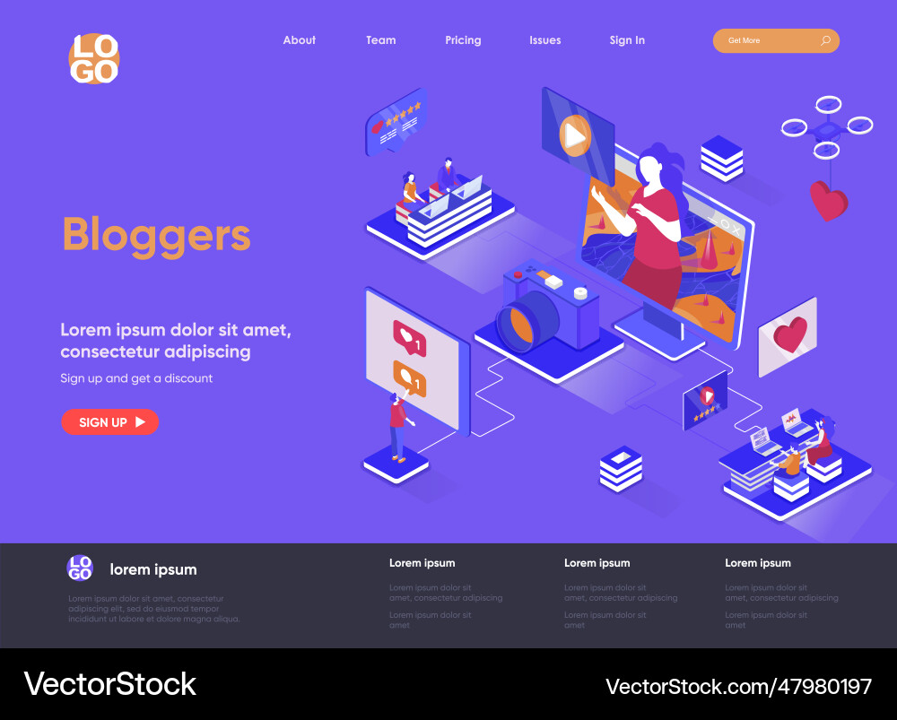 Bloggers isometric landing page video content Vector Image