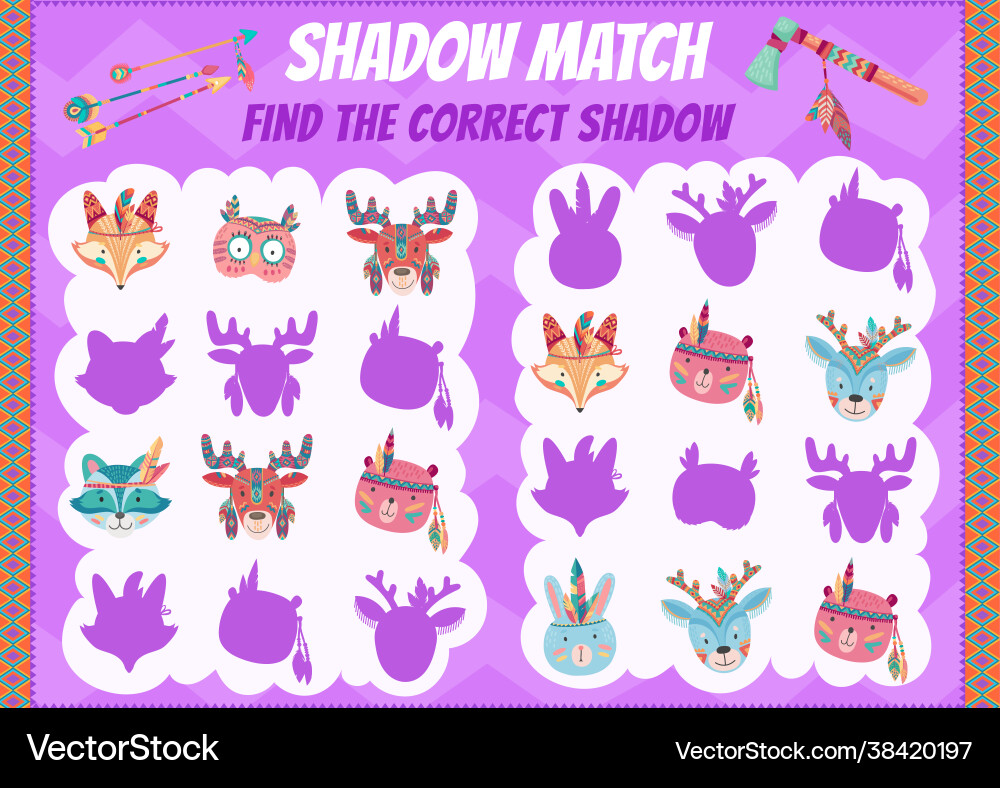 Cartoon indian bear fox kids shadow match game Vector Image