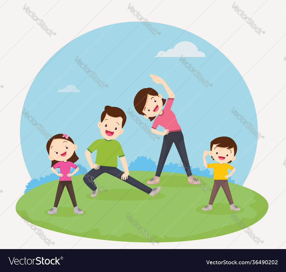 Happy family exercising together in park Vector Image Happy family exercising together in park Vector Image
