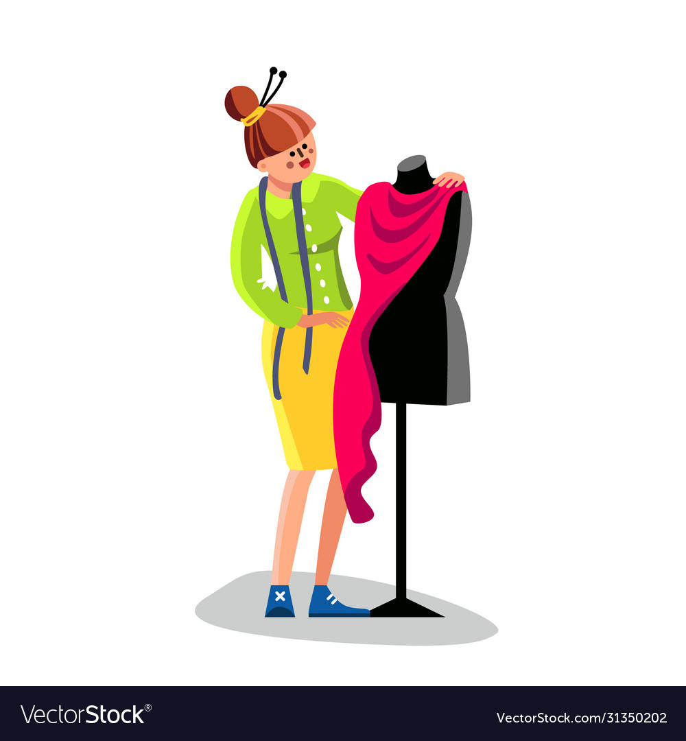 Seamstress Woman Sewing Clothing Or Dress Vector Image