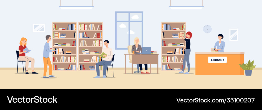 Inside furnishing library with reading people Vector Image