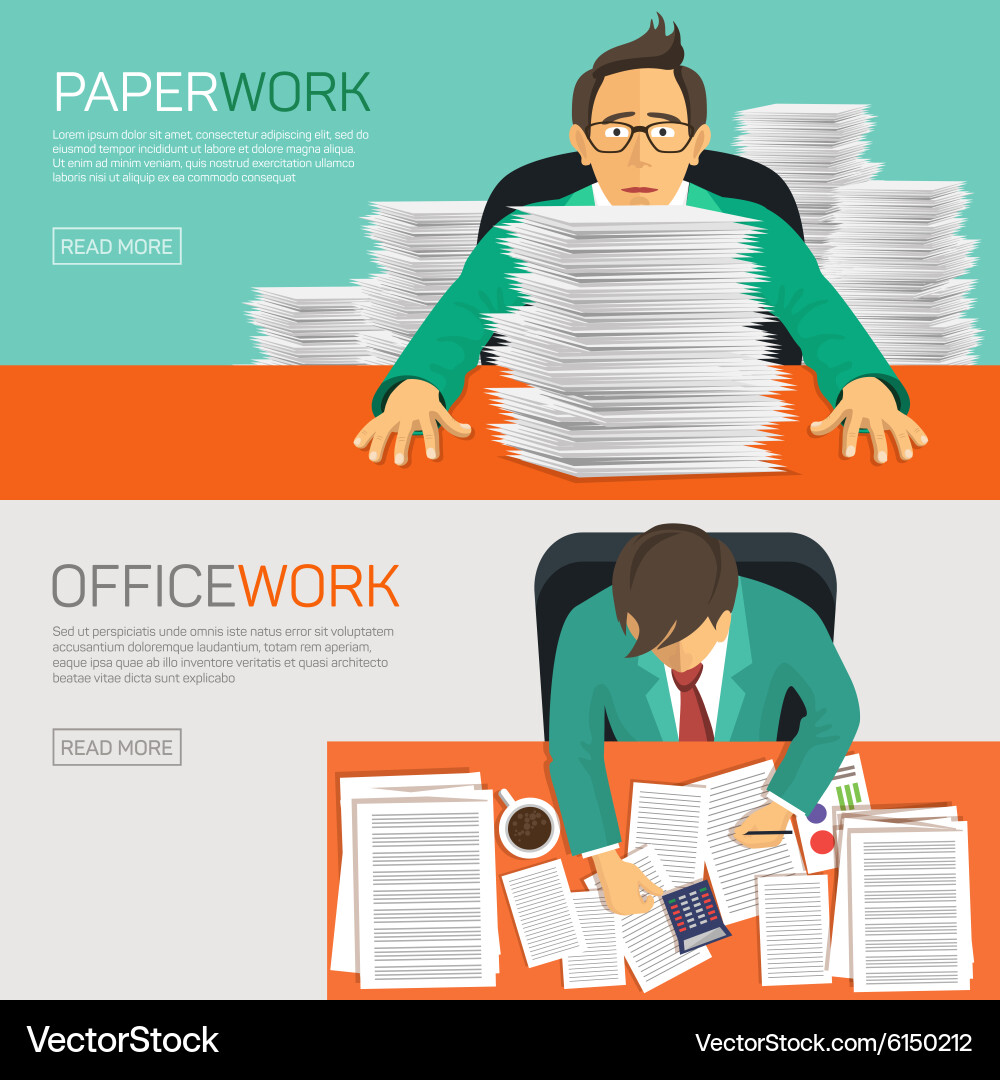 Busy businessman working with paperwork on her Vector Image