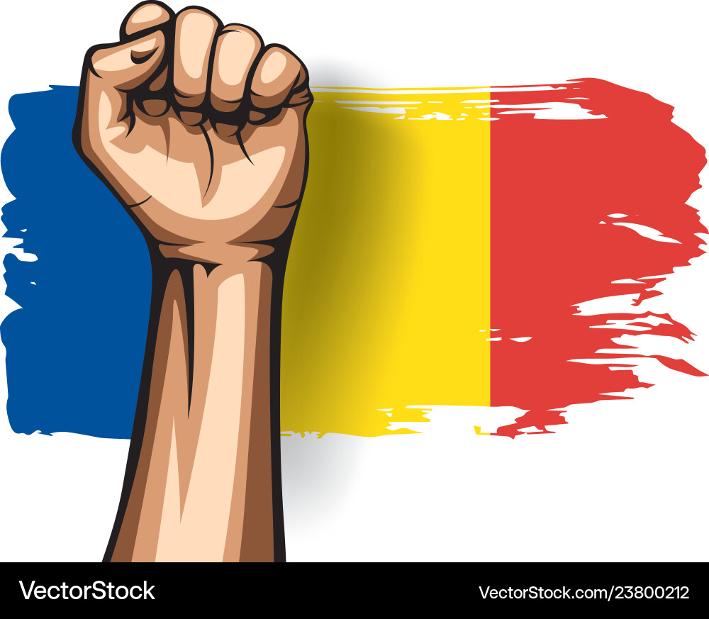 Romania flag and hand on white background Vector Image